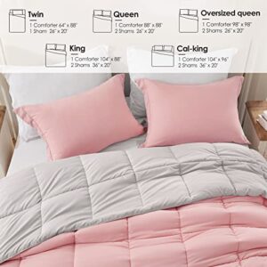 Homelike Moment Comforter Set, Queen Size Pink and Grey Bed Comforters, All Season Lightweight Full Bedding, Reversible Duvet Insert 3 Pieces - 1 Comforter 2 Pillow Shams, Summer Blanket