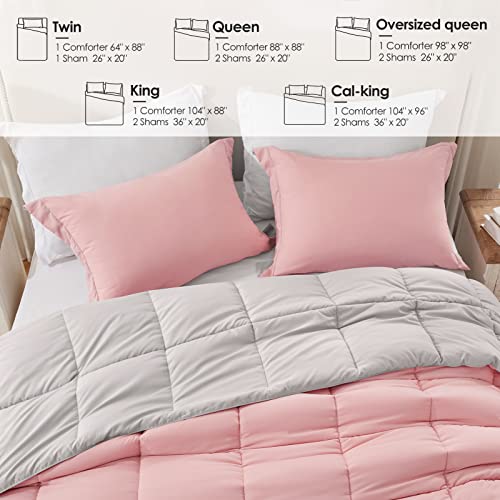 Homelike Moment Comforter Set, Queen Size Pink and Grey Bed Comforters, All Season Lightweight Full Bedding, Reversible Duvet Insert 3 Pieces - 1 Comforter 2 Pillow Shams, Summer Blanket