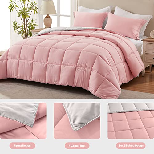 Homelike Moment Comforter Set, Queen Size Pink and Grey Bed Comforters, All Season Lightweight Full Bedding, Reversible Duvet Insert 3 Pieces - 1 Comforter 2 Pillow Shams, Summer Blanket