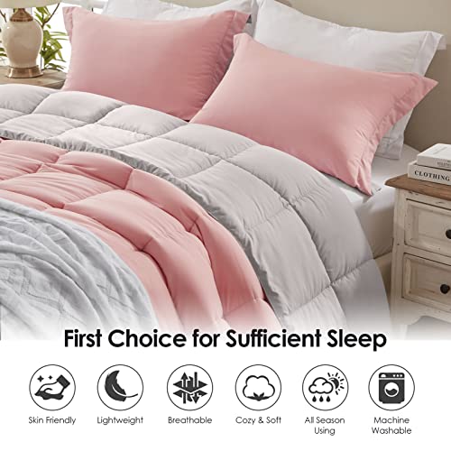 Homelike Moment Comforter Set, Queen Size Pink and Grey Bed Comforters, All Season Lightweight Full Bedding, Reversible Duvet Insert 3 Pieces - 1 Comforter 2 Pillow Shams, Summer Blanket