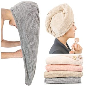 rolshol extra large 4 pack microfiber hair towel wrap for women super absorbent & quick dry hair drying towels with button, hair turbans for curly hair long & short hair - anti-frizz