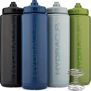 hydra cup - 4 pack - 32oz squeeze water bottles bulk set, bpa free, for sports, cycling, bike, quick squirt hydration, shaker cup wire whisk included.