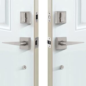 MIRUO Front Door Handle Set Double Door Handle Set with Dummy Heavy Duty Double Door Lock Set, with Single Cylinder Deadbolt and Lever Handle, Compatible with Right & Left Handed Doors (Satin Nickel)