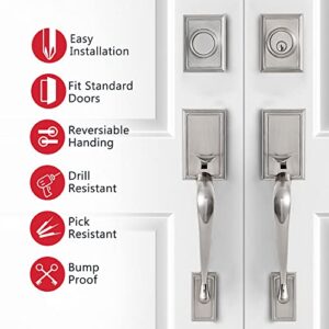 MIRUO Front Door Handle Set Double Door Handle Set with Dummy Heavy Duty Double Door Lock Set, with Single Cylinder Deadbolt and Lever Handle, Compatible with Right & Left Handed Doors (Satin Nickel)