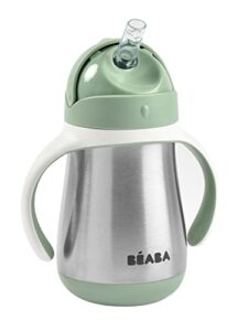 beaba stainless steel sippy cup, straw sippy cup with handles, toddler sippy cups, baby sippy cup, insulated cup, insulated cup, 8+ mths, 8.5 oz, sage