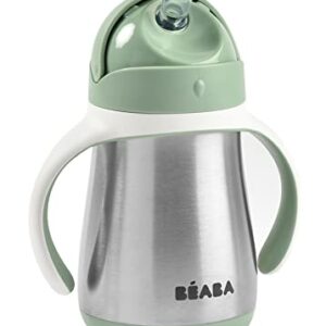 Beaba Stainless Steel Sippy Cup, Straw Sippy Cup with Handles, Toddler Sippy Cups, Baby Sippy Cup, Insulated Cup, Insulated Cup, 8+ mths, 8.5 oz, Sage