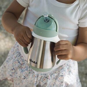 Beaba Stainless Steel Sippy Cup, Straw Sippy Cup with Handles, Toddler Sippy Cups, Baby Sippy Cup, Insulated Cup, Insulated Cup, 8+ mths, 8.5 oz, Sage