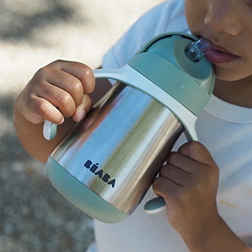 Beaba Stainless Steel Sippy Cup, Straw Sippy Cup with Handles, Toddler Sippy Cups, Baby Sippy Cup, Insulated Cup, Insulated Cup, 8+ mths, 8.5 oz, Sage