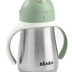 Beaba Stainless Steel Sippy Cup, Straw Sippy Cup with Handles, Toddler Sippy Cups, Baby Sippy Cup, Insulated Cup, Insulated Cup, 8+ mths, 8.5 oz, Sage