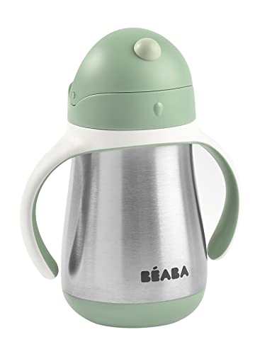 Beaba Stainless Steel Sippy Cup, Straw Sippy Cup with Handles, Toddler Sippy Cups, Baby Sippy Cup, Insulated Cup, Insulated Cup, 8+ mths, 8.5 oz, Sage