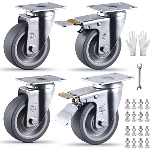 4 Inch Castets Set of 4 Heavy Duty Caster Wheels with Brake 2200Lbs Swivel TPR Rubber Wheel Silent Castor Locking Industrial Plate Casters Wheels for Cart Furniture Workbench, Free Bolts and Nuts