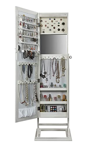 Abington Lane Standing Jewelry Armoire - Lockable Cabinet Organizer Jewelry Storage with Full Length Mirror and LED Lights (Antique White)