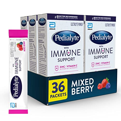 Pedialyte with Immune Support, 36 count, Electrolytes with Vitamin C and Zinc, Advanced Hydration with PreActiv Prebiotics, Mixed Berry, Electrolyte Drink Powder Packets