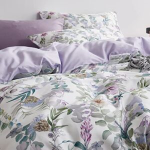 purple duvet cover set floral garden style king 3 pieces bedding set, ultra soft green leaves botanical flowers pattern lavender reversible farmhouse 1 comforter cover + 2 pillowshams(no comforter)