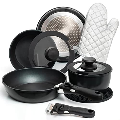 Moss & Stone Pots And Pans Set Nonstick, Removable Handle Cookware, Stackable , Dishwasher safe, Induction Aluminum Camping Cookware Set. (10 Pcs Black Kitchen Set)