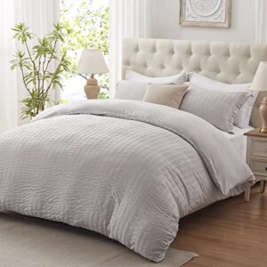 cozyide light grey duvet cover queen, 3 pieces bedding duvet covers, soft breathable seersucker duvet cover set with zipper closure and corner ties (1 duvet cover 90"x90" + 2 pillow shams 20"x26")