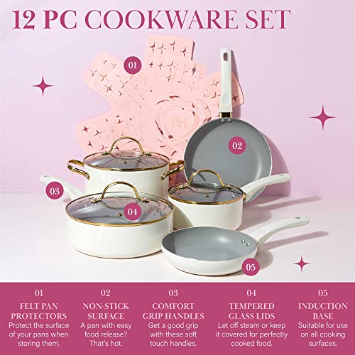 Paris Hilton Epic Nonstick Pots and Pans Set, Multi-layer Nonstick Coating, Tempered Glass Lids, Soft Touch, Stay Cool Handles, Made without PFOA, Dishwasher Safe Cookware Set, 12-Piece, Cream