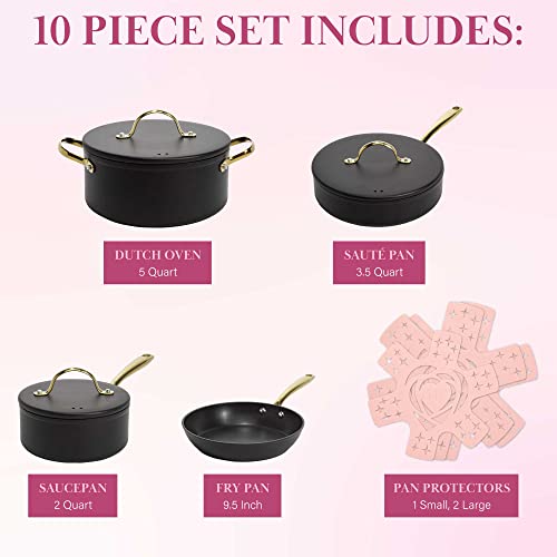 Paris Hilton Iconic Nonstick Pots and Pans Set, Multi-layer Nonstick Coating, Matching Lids With Gold Handles, Made without PFOA, Dishwasher Safe Cookware Set, 10-Piece, Black