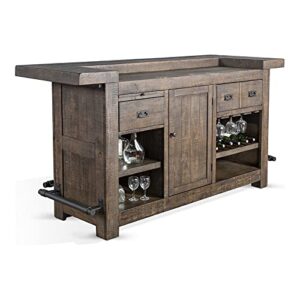 pemberly row 80" farmhouse transitional wood home bar unit cabinet set with stemware rack, wine storage for dining room kitchen in tobacco leaf