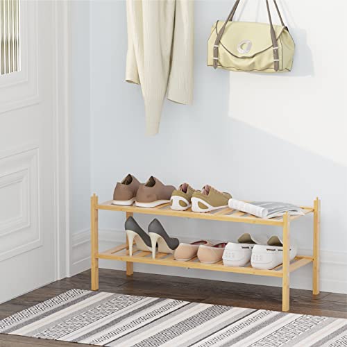 VERTORGAN Shoe Rack, 2 Tier Bamboo Stackable Shoe Shelf Storage Organizer for Entryway, Hallway, Closet and Living Room (Natural)