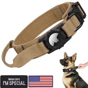 tactical airtag dog collar, feeyar heavy duty air tag dog collar [thick & wide], military dog collar with apple airtag holder and handle, adjustable gps dog collar for medium large dogs (l, brown)