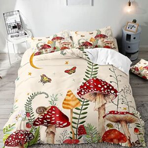 luvivihome 3pcs red mushroom bedding set, cottagecore aesthetic boho duvet cover full, moon and stars butterfly snail green plant botanical fungus beige comforter bedspread quilt cover, 2 pillow shams