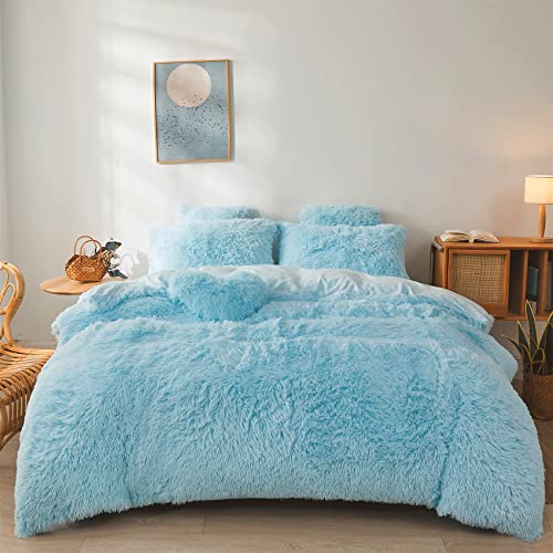 Fluffy Blue Comforter Cover Set Queen - Ultra Soft Plush Blue Bedding Sets 3 Pieces (1 Faux Fur Duvet Cover + 2 Faux Fur Pillow case) Blue Bed Set Queen (Blue, Queen)