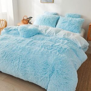 Fluffy Blue Comforter Cover Set Queen - Ultra Soft Plush Blue Bedding Sets 3 Pieces (1 Faux Fur Duvet Cover + 2 Faux Fur Pillow case) Blue Bed Set Queen (Blue, Queen)