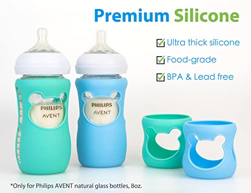 100% Silicone Baby Bottle Sleeves for Philips Avent Natural Glass Baby Bottles, Premium Food Grade Silicone Bottle Cover, Cute Bear Design, 8oz, Pack of 2 (Blue and Turquoise)