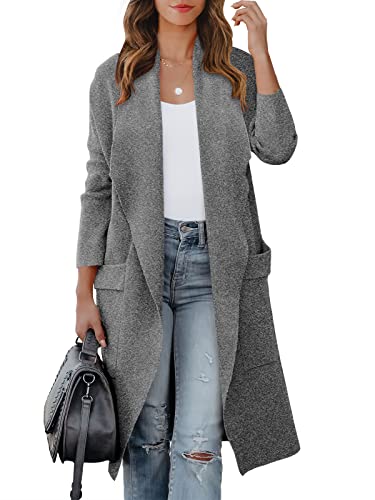 ANRABESS Women's 2023 Fall Casual Long Sleeve Draped Open Front Knit Pockets Long Cardigan Jackets Sweater Comfy Trendy Outfits Coat 580shenhuahui-S Gray