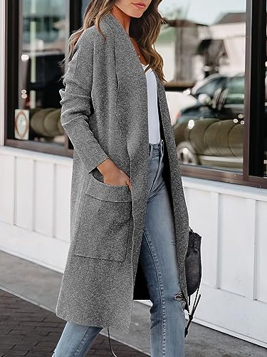 ANRABESS Women's 2023 Fall Casual Long Sleeve Draped Open Front Knit Pockets Long Cardigan Jackets Sweater Comfy Trendy Outfits Coat 580shenhuahui-S Gray