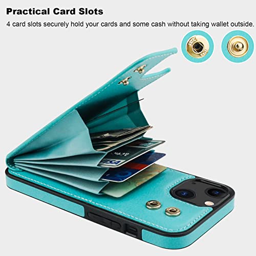 Folosu Compatible with iPhone 13 Case Wallet with Card Holder, 360°Rotation Finger Ring Holder Kickstand Protective RFID Blocking PU Leather Double Buttons Flip Shockproof Cover 6.1 Inch Mint Green