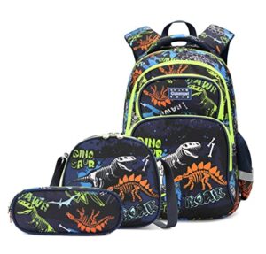 wawakube 3pcs boys dinosaur backpack set with lunch box pencil case, school book bag for kids elementary preschool