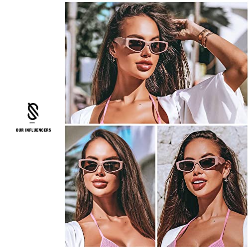 SOJOS Cat eye Fashion Small Narrow sunglasses womens Butterfly Trendy Rectangle shades SJ2245 with Transparent Brown Frame/Brown Lens