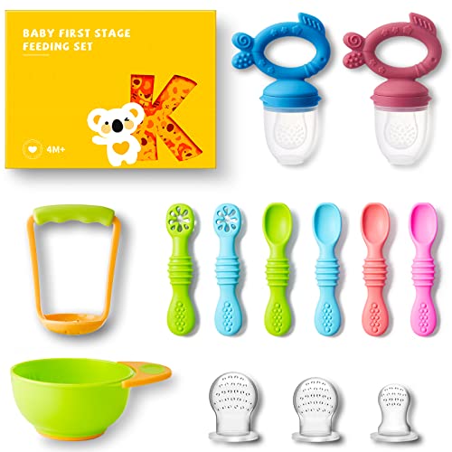 Baby Spoons Silicone Baby Led Weaning Feeding Spoon Set with Baby Fruit Feeder Pacifier Fresh Food Feeder (2 Count) - Baby Teething Toys Teether, Mash and Serve Bowl, Baby Feeding Set First Stage