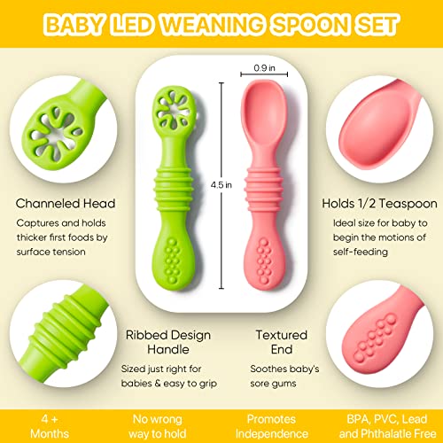 Baby Spoons Silicone Baby Led Weaning Feeding Spoon Set with Baby Fruit Feeder Pacifier Fresh Food Feeder (2 Count) - Baby Teething Toys Teether, Mash and Serve Bowl, Baby Feeding Set First Stage