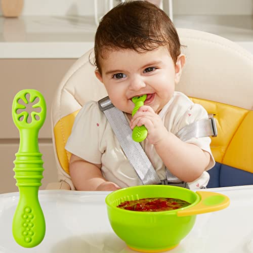 Baby Spoons Silicone Baby Led Weaning Feeding Spoon Set with Baby Fruit Feeder Pacifier Fresh Food Feeder (2 Count) - Baby Teething Toys Teether, Mash and Serve Bowl, Baby Feeding Set First Stage