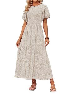 zesica women's 2023 summer casual floral print short flutter sleeve crew neck smocked high waist flowy maxi dress,beige,x-large