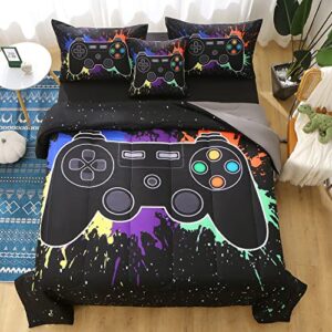 JQinHome Twin Gamer Comforter Sets for Boys&Girls ,6 Piece Bed in A Bag 3D Video Game Bedding -All Season Microfiber Gamer Bedding Sets for Kids, with Pillowcase, Flat & Fitted Sheet,Cushion Cover