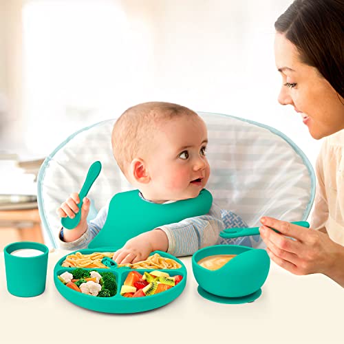 Silicone Baby Feeding Set - 6 Pack Baby Led Weaning Supplies for Infant & Toddlers 6+ Months, Baby Eating Supplies with Suction Bowl & Plate, Bib, Training cup, Spoon, Fork - Dishwasher Safe - Green