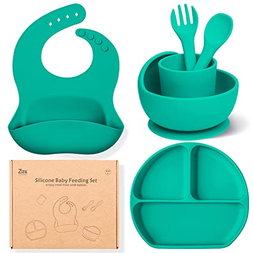 Silicone Baby Feeding Set - 6 Pack Baby Led Weaning Supplies for Infant & Toddlers 6+ Months, Baby Eating Supplies with Suction Bowl & Plate, Bib, Training cup, Spoon, Fork - Dishwasher Safe - Green