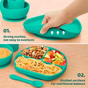 Silicone Baby Feeding Set - 6 Pack Baby Led Weaning Supplies for Infant & Toddlers 6+ Months, Baby Eating Supplies with Suction Bowl & Plate, Bib, Training cup, Spoon, Fork - Dishwasher Safe - Green