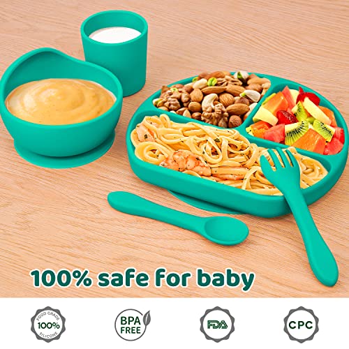 Silicone Baby Feeding Set - 6 Pack Baby Led Weaning Supplies for Infant & Toddlers 6+ Months, Baby Eating Supplies with Suction Bowl & Plate, Bib, Training cup, Spoon, Fork - Dishwasher Safe - Green