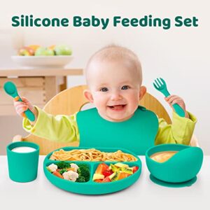 Silicone Baby Feeding Set - 6 Pack Baby Led Weaning Supplies for Infant & Toddlers 6+ Months, Baby Eating Supplies with Suction Bowl & Plate, Bib, Training cup, Spoon, Fork - Dishwasher Safe - Green