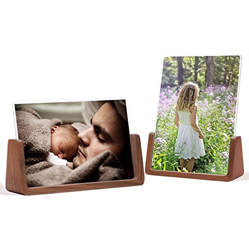 WEIMELTOY 5X7 Walnut Wooden Picture Frame,Brown Photo Frame with Double Side Acrylic Glass Cover, 2pcs Horizontal Vertical Photos for Table Top or Desktop Display, Gift for Family, Partner and Friends Gift