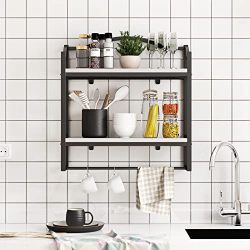 DR.IRON Industrial Bathroom Shelves Over Toilet,Wall Shelves for Bathroom Decor Towel Racks with Towel Holder,2 Tier Bathroom Shelves with Towel Bar(Black Bracket & Gray Shelves)