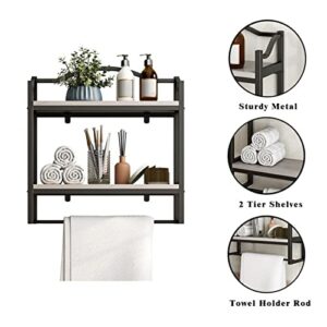 DR.IRON Industrial Bathroom Shelves Over Toilet,Wall Shelves for Bathroom Decor Towel Racks with Towel Holder,2 Tier Bathroom Shelves with Towel Bar(Black Bracket & Gray Shelves)