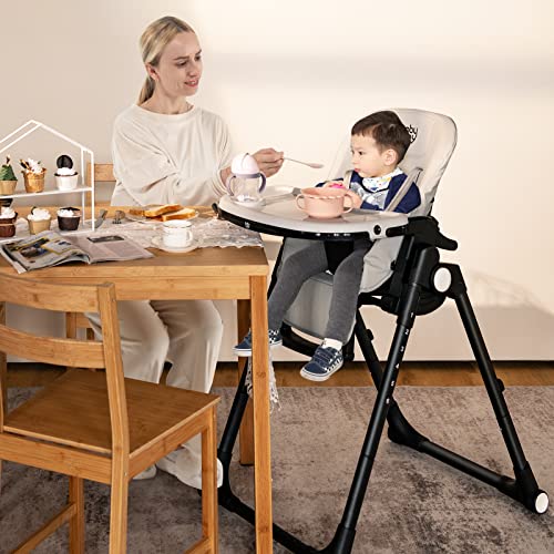 BABY JOY High Chair for Babies & Toddlers, Foldable Highchair with Adjustable Backrest/Footrest/Seat Height, Double Removable Trays, Detachable Seat Cushion, Wheels, Aluminum Frame (Gray)