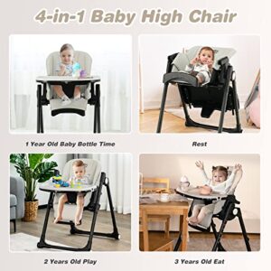 BABY JOY High Chair for Babies & Toddlers, Foldable Highchair with Adjustable Backrest/Footrest/Seat Height, Double Removable Trays, Detachable Seat Cushion, Wheels, Aluminum Frame (Gray)