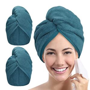 youlertex microfiber hair towel wrap - 2pack hair head drying turban curly fast absorbent dry anti frizz twist plopping long shower turban for women with button(haze blue)